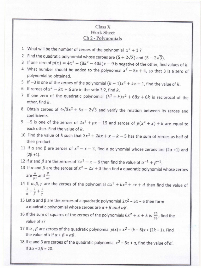Maths Worksheet Polynomials | PDF