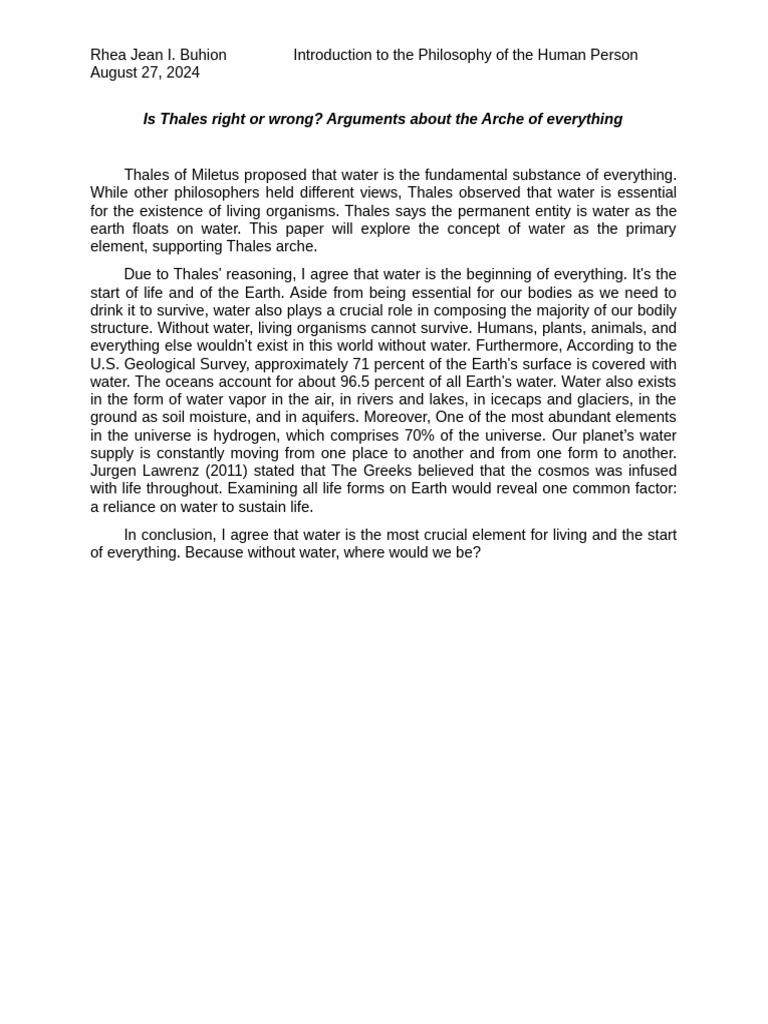 Thales and the Primacy of Water | PDF