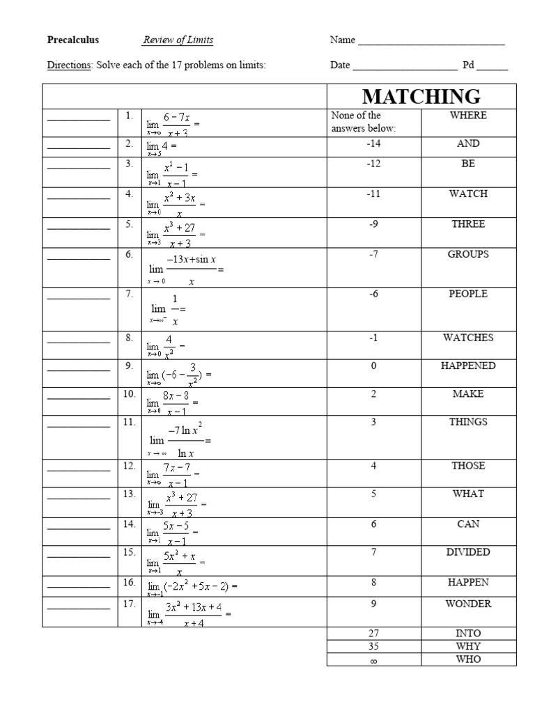 Precalculus Limits Review Worksheet | PDF | Asymptote | Graph Theory