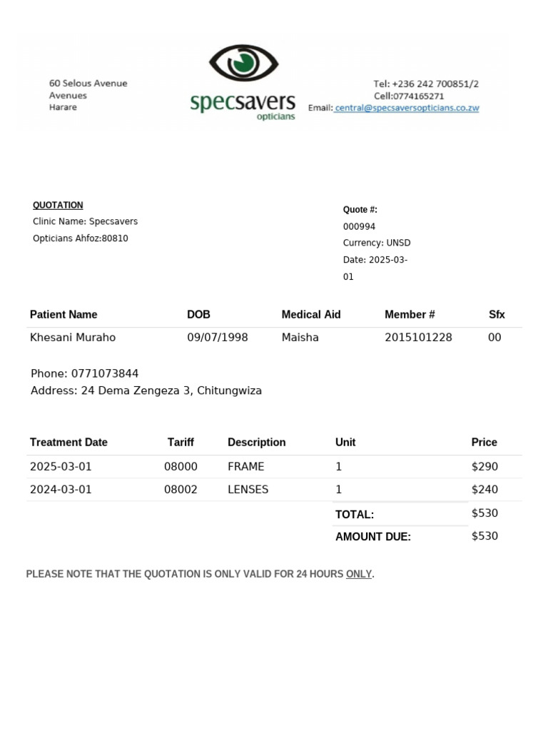 Qoutation - Specsavers | PDF