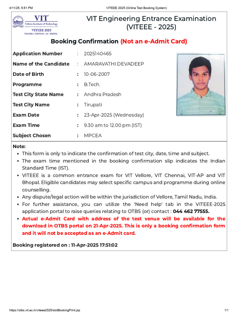 VITEEE 2025 (Online Test Booking System) | PDF