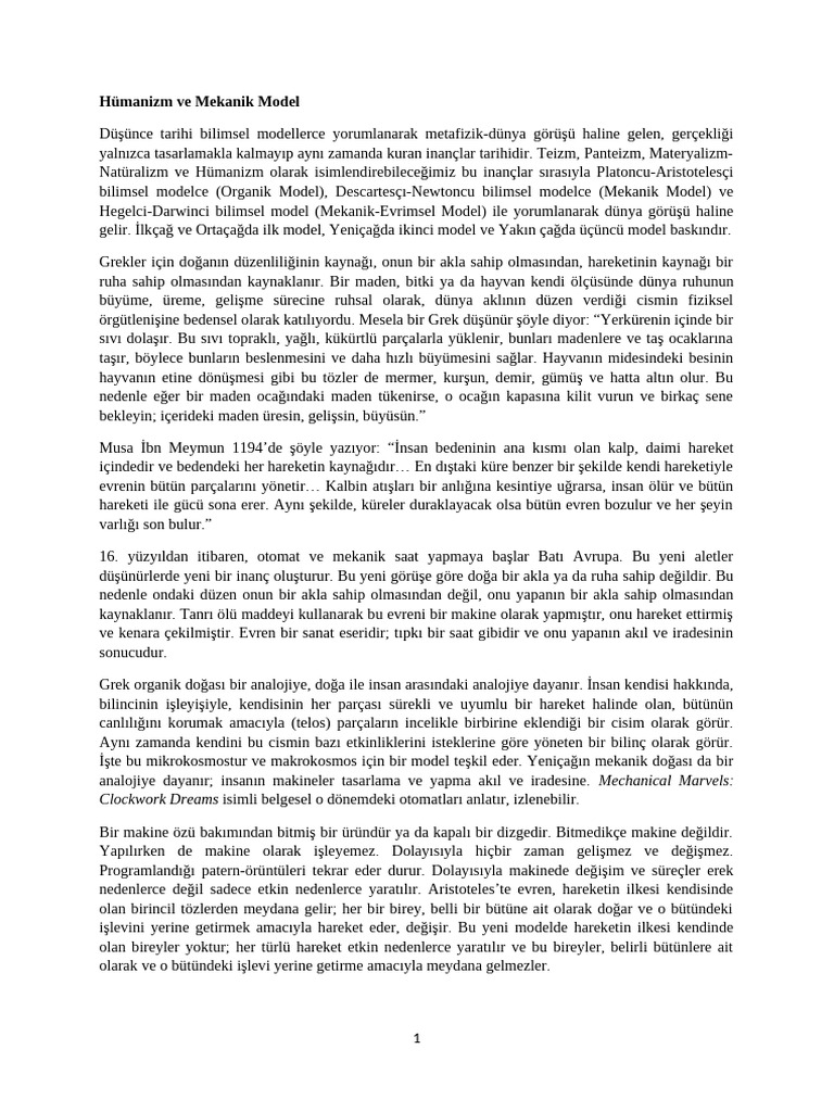 Bilim Felsefesi 5 - Hümanizm Ve Mekanik Model | PDF