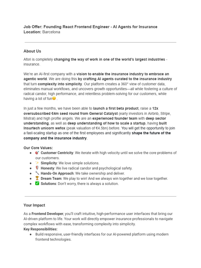 Job Offer - Founding React Frontend Engineer - AI Agents For Insurance | PDF | Business | Computing
