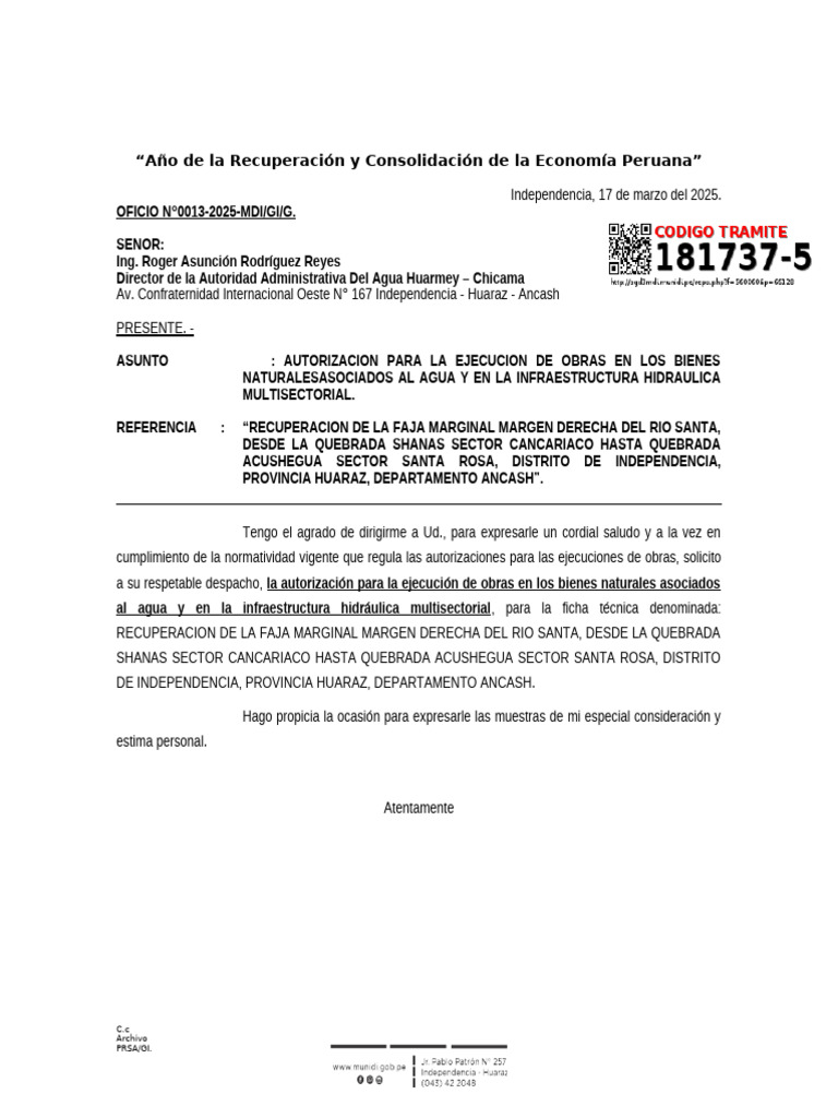Oficio Nº0013-2025 - Autorizacion para La Ejecucion Obras de ...