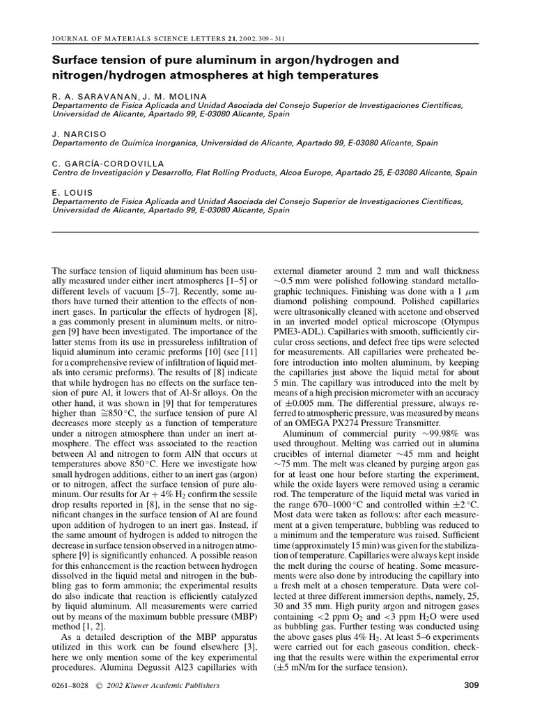 2002 - Surface Tension... J. Mater. Sci. Letters 2002 | PDF | Liquids ...