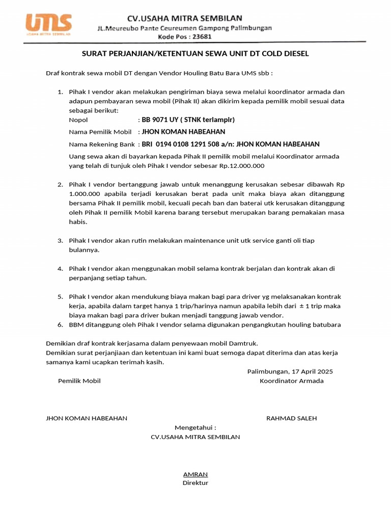 Perjanjian Sewa Mobil DT Cold Diesel | PDF
