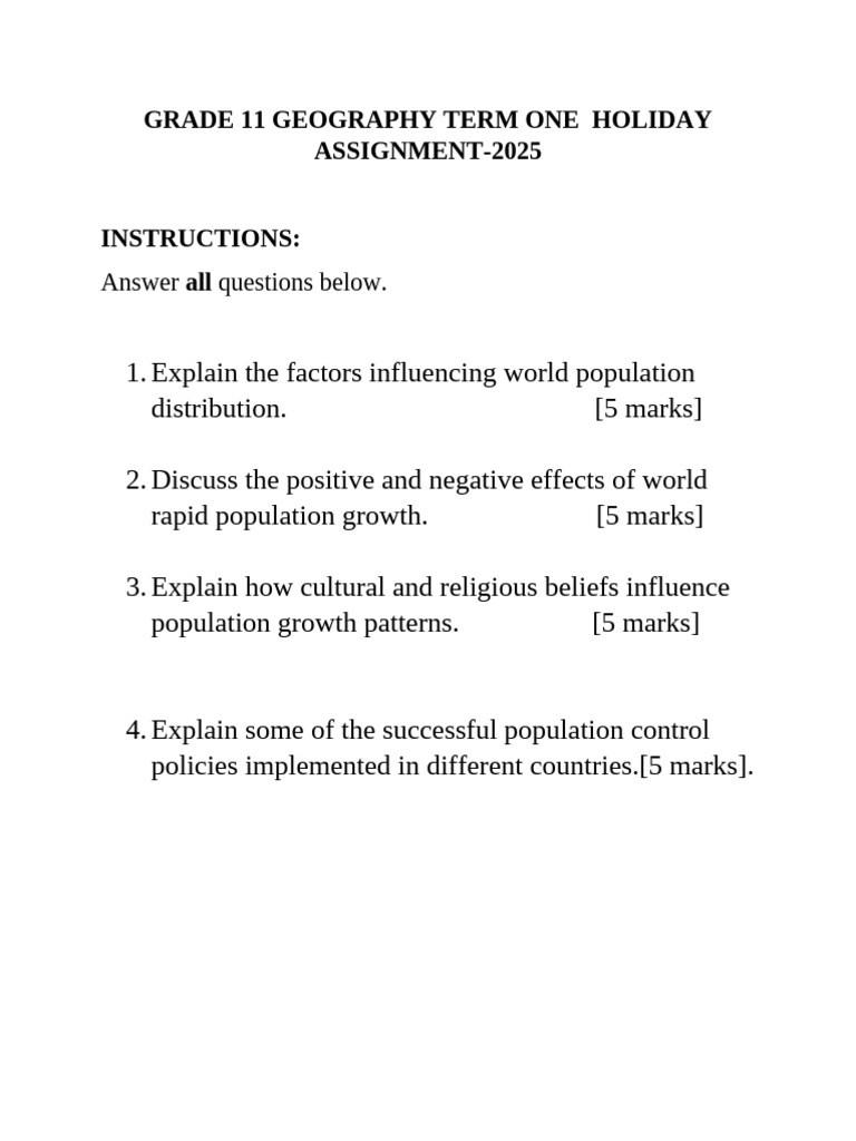 Grade 11 Geography Term One Holiday Assignment | PDF