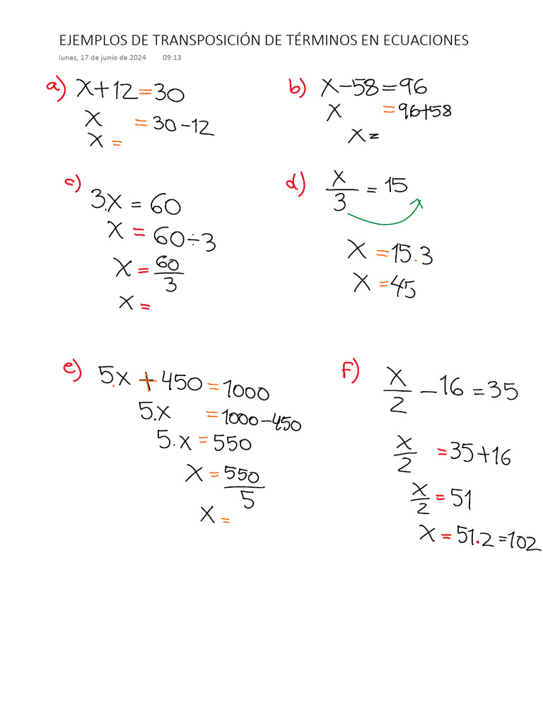 Ejemplos de Transposición de Términos en Ecuaciones - Ii° | PDF