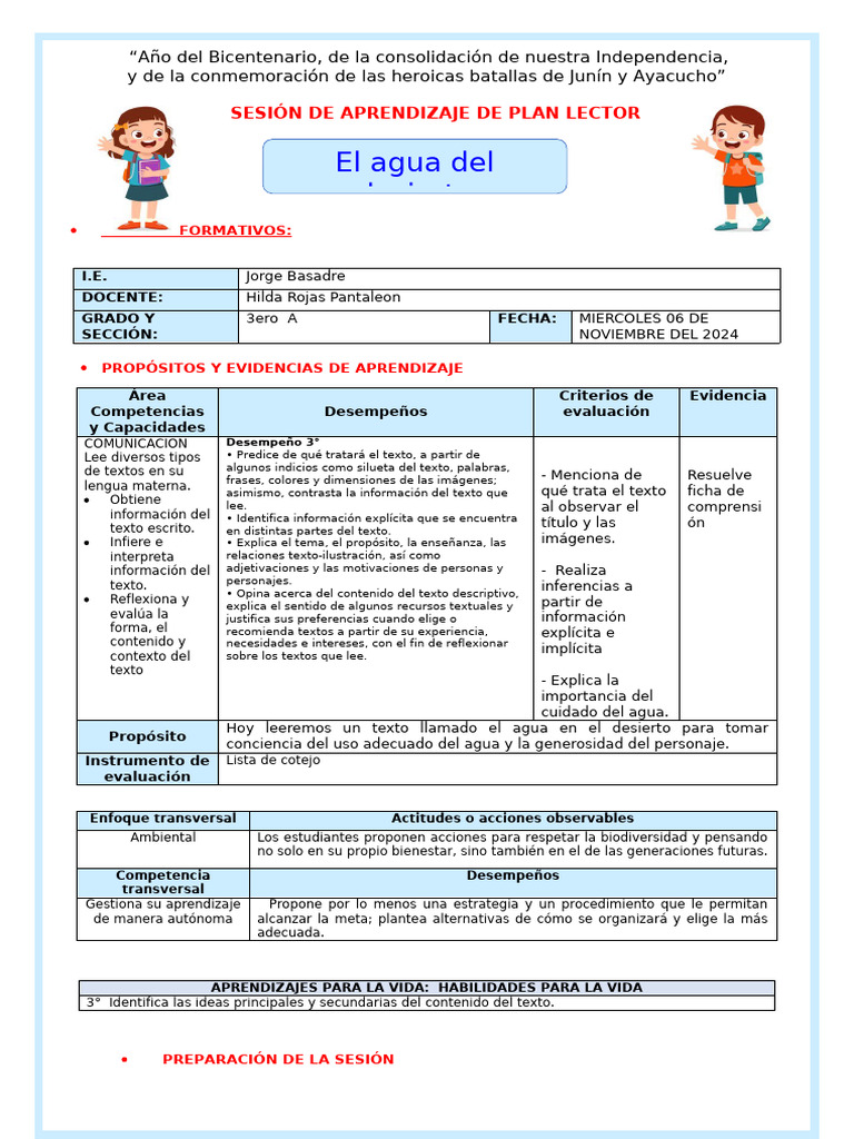 SESION DE APRENDIZAJE 3ERO A 06 DE NOVIEMBRE DEL 2024 | PDF | Aprendizaje | Agua