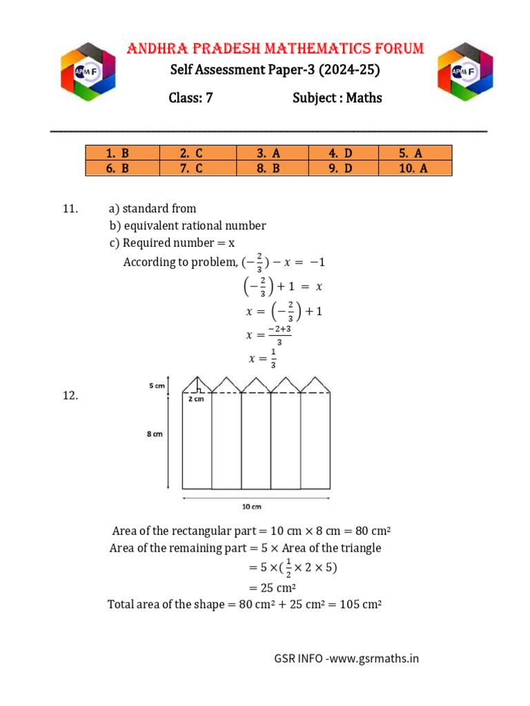 7th Class Maths SAMP 3 Key Paper | PDF | Area | Geometric Shapes
