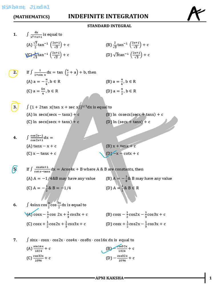 Sheet - 01 - Indefinite Integration NJ - 247 - Unlocked | PDF ...