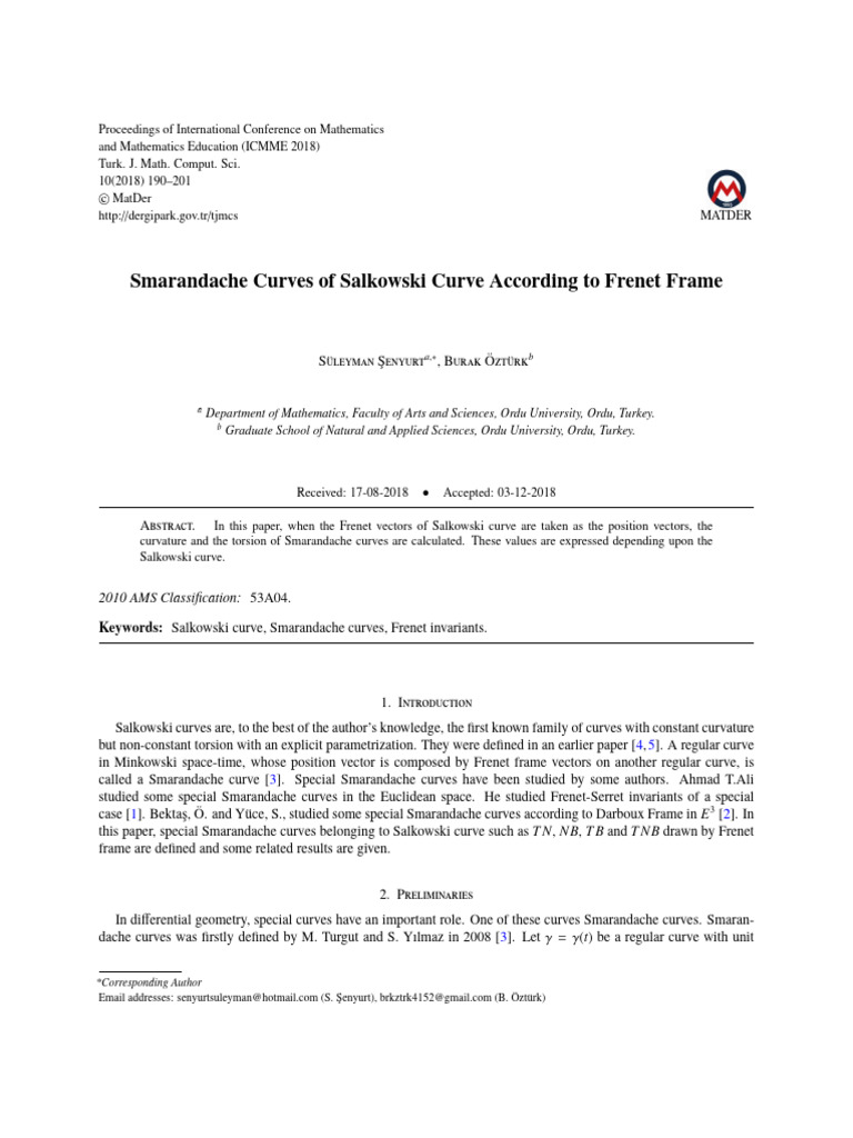 Smarandache Curves of Salkowski Curve According To Frenet Frame | PDF ...