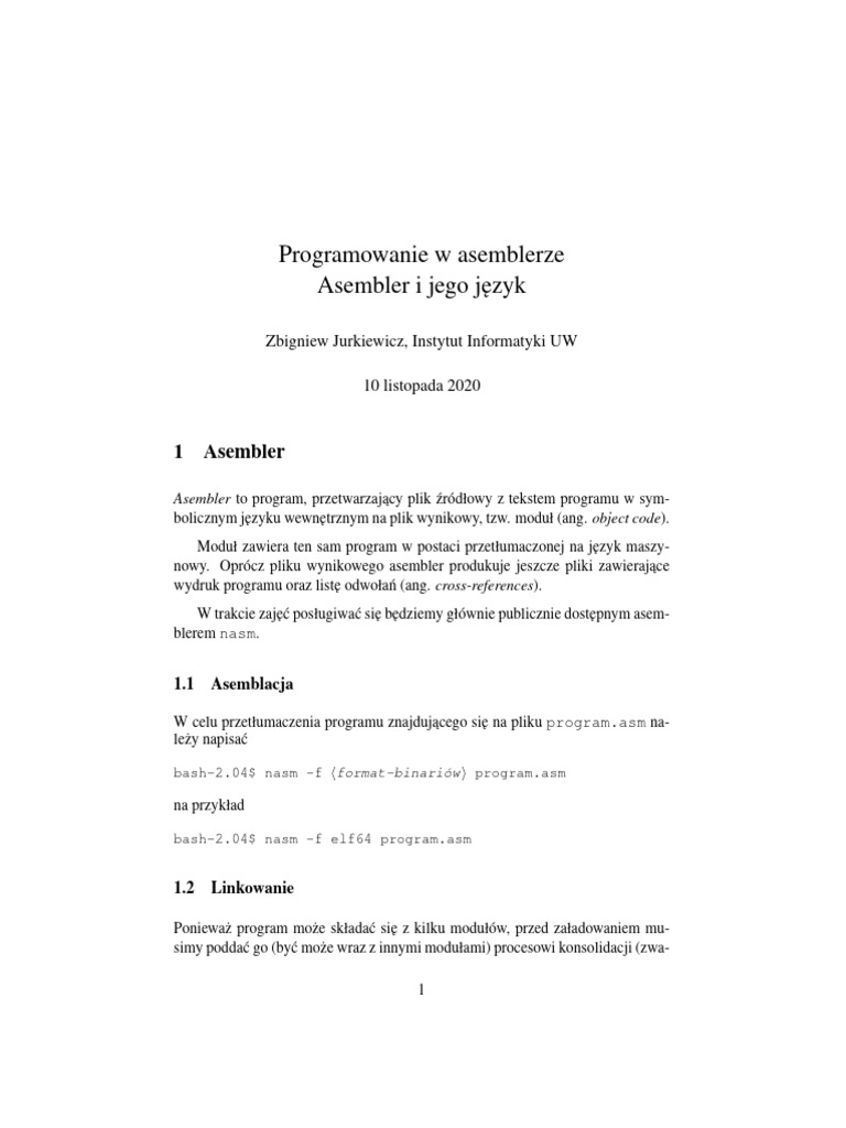Programowanie W Asemblerze - Asembler I Jego Jeezyk | PDF