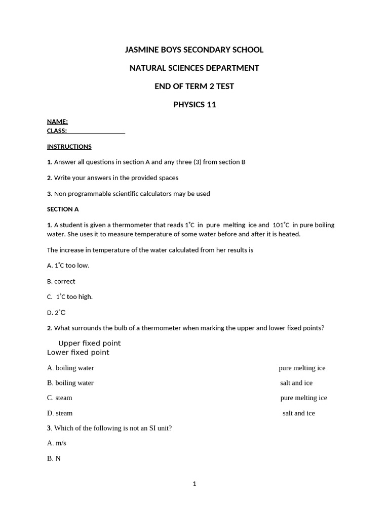 Physics 11, End of Term 2 Test | PDF | Thermometer | Temperature
