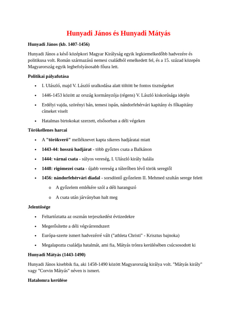 Hunyadi János És Hunyadi Mátyás | PDF