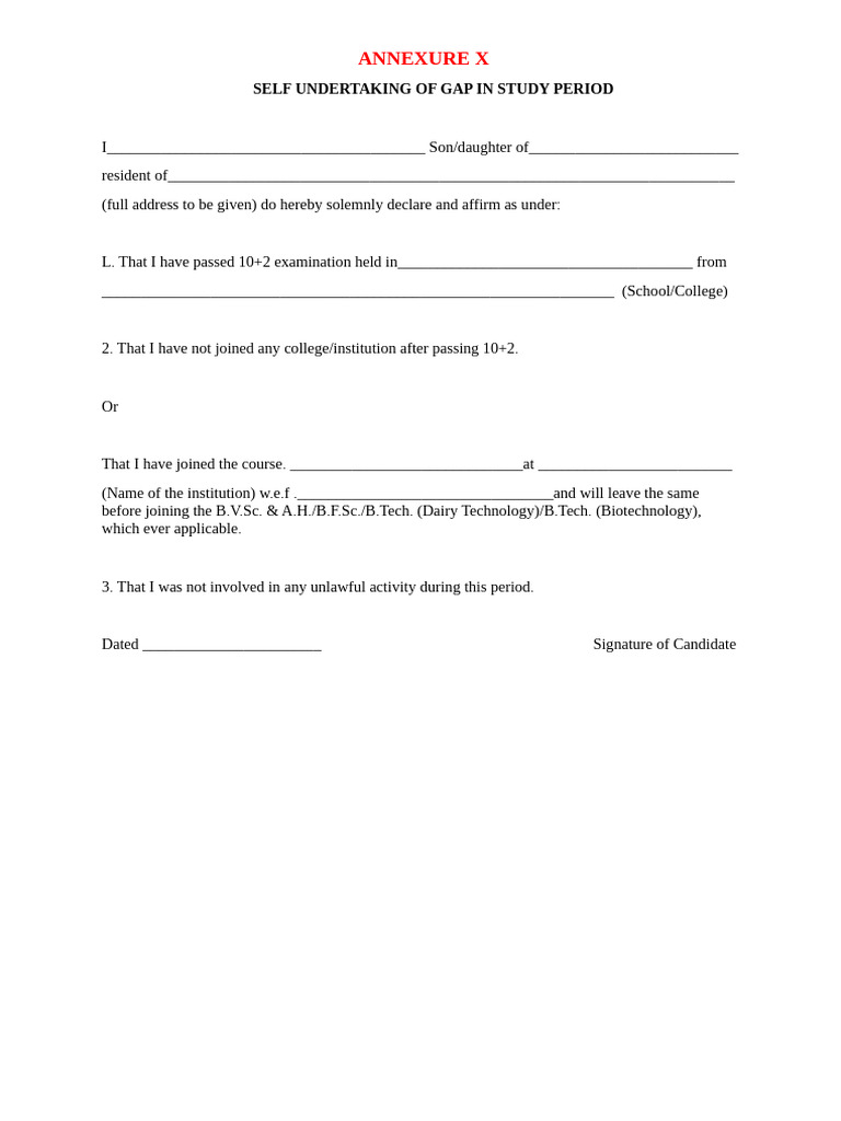 Self Undertaking for Gap in Study Period | PDF