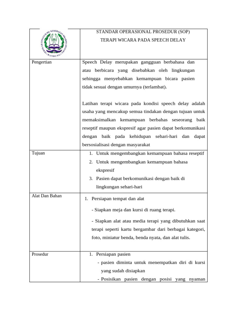 Standar Operasional Prosedur Speech Delay | PDF
