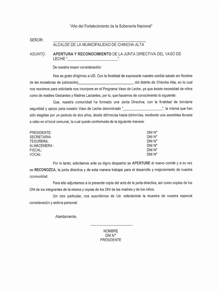 Solicitud de Apertura y Reconocimiento de La Junta Directiva Del Vaso de Leche PDF | PDF