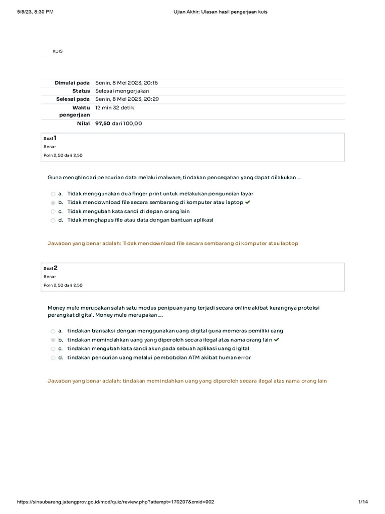 Ujian Akhir - Ulasan Hasil Pengerjaan Kuis | PDF