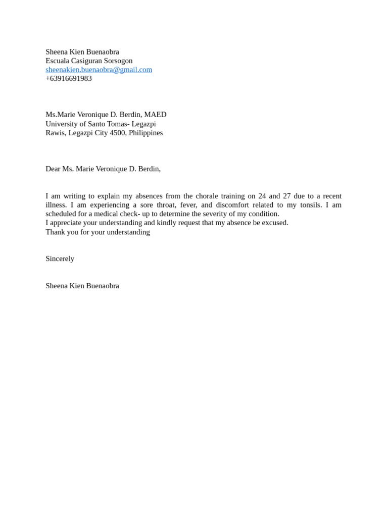 Sheena Excuse Letter 1 | PDF