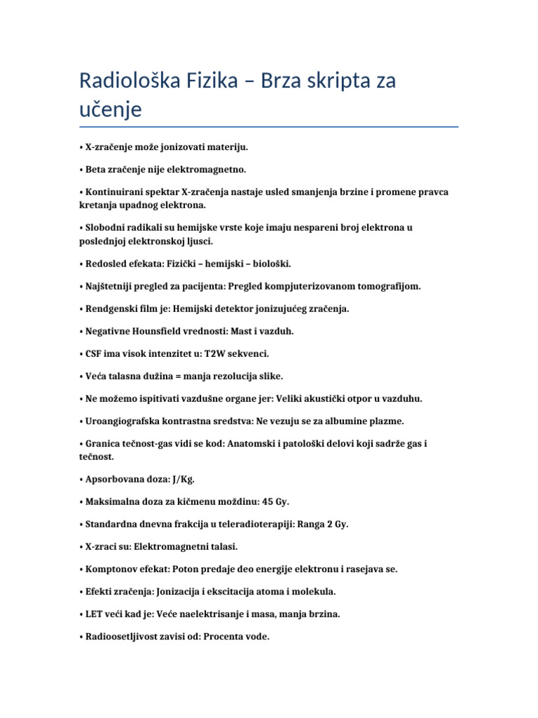 Radiološka Fizika - Brza Skripta Za Učenje | PDF