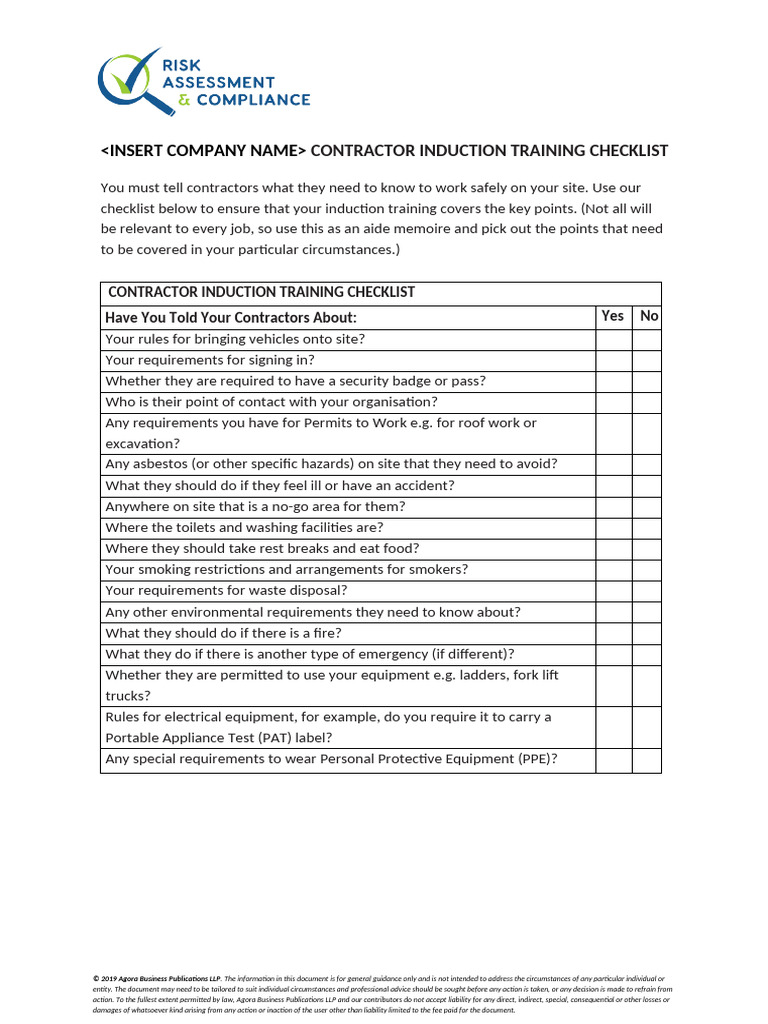 Fonterra Contractor Induction Checklist | PDF