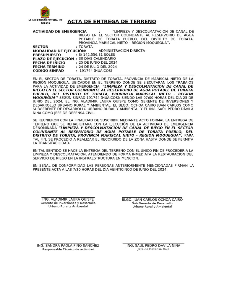 Acta de Culminacion Emerg Sandra Reservorio Torata | PDF