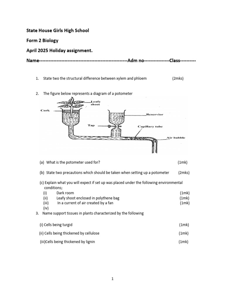 Form 2 Biology Holiday Assignment | PDF | Plant Stem | Biology