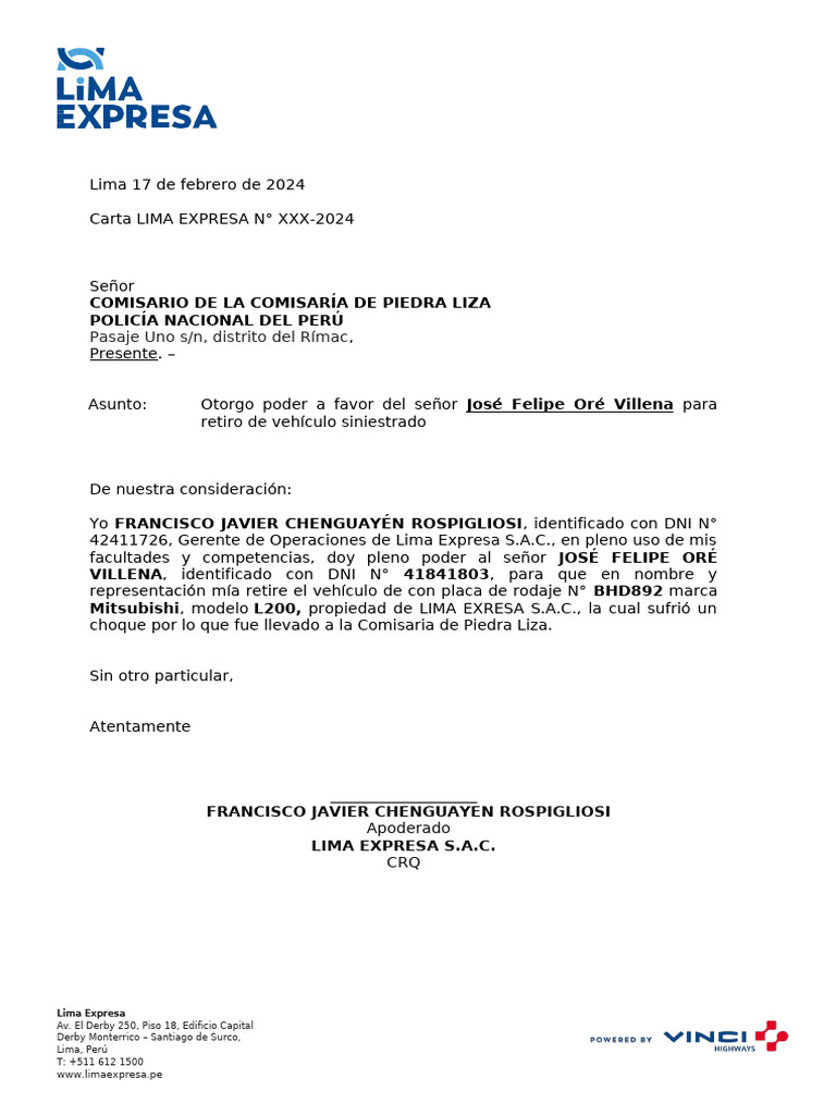 Carta Poder para Retiro de Vehiculo de Comisaría | PDF