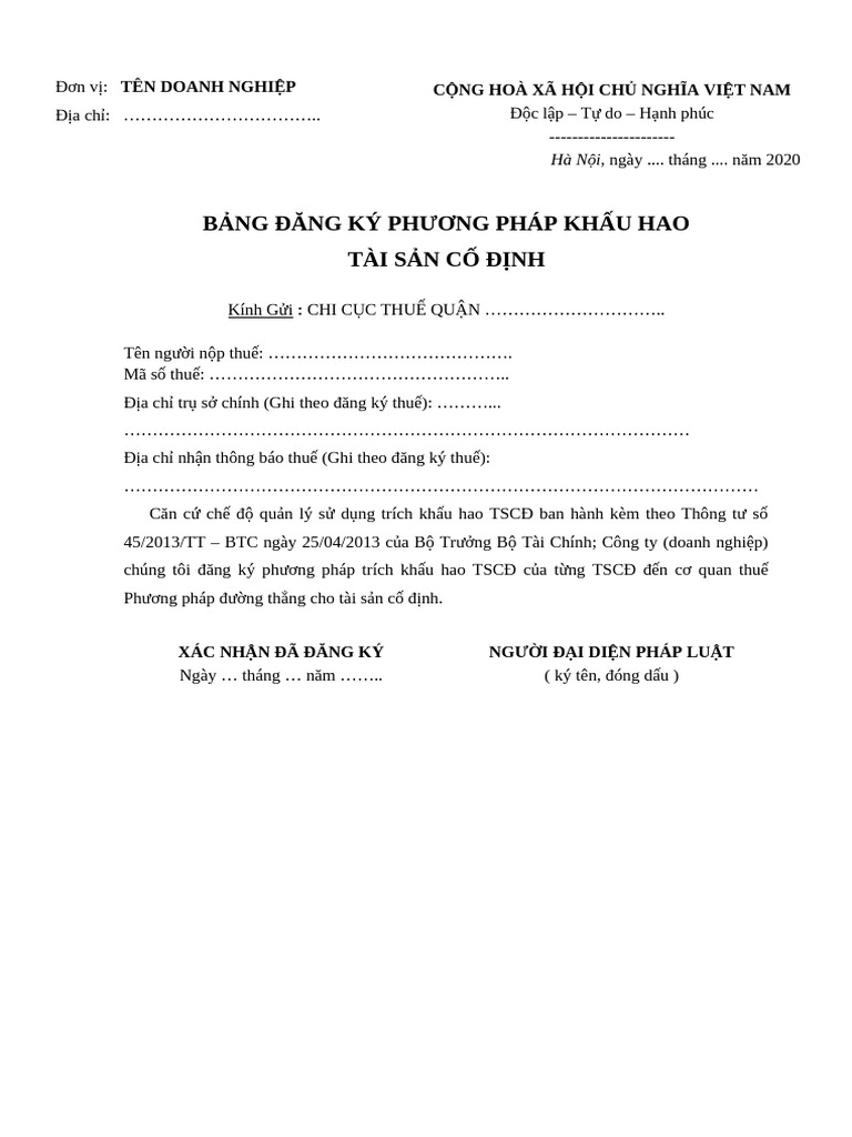 Mau Phieu Dang Ky Phuong Phap Khau Hao Tai San | PDF