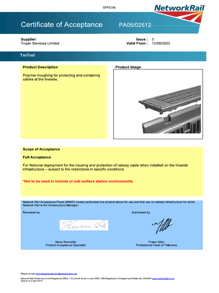 Full Certificate - TroTrof Outdoor Polymer Cable Route - Issue 3 | PDF