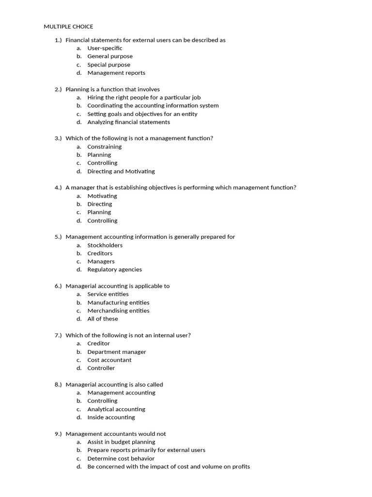 Managerial Accounting Multiple Choice Quiz | PDF | Accounting ...
