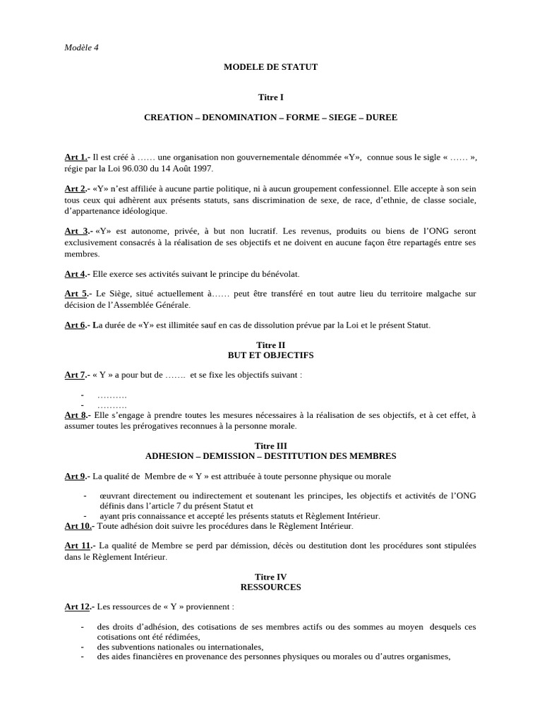 Modèle de Statut d'une ONG | PDF | Organisation non gouvernementale ...