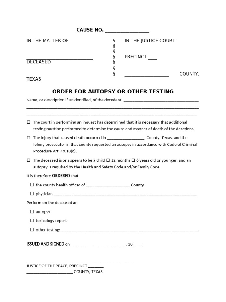 Order For Autopsy or Other Testing | PDF