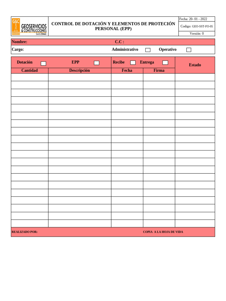 GEO-SST-FO-05 Control de Dotación y (EPP) | PDF