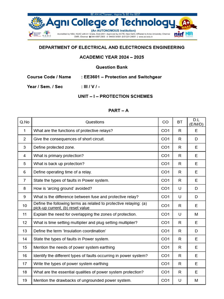 EE3601 Question Bank | PDF | Transformer | Relay