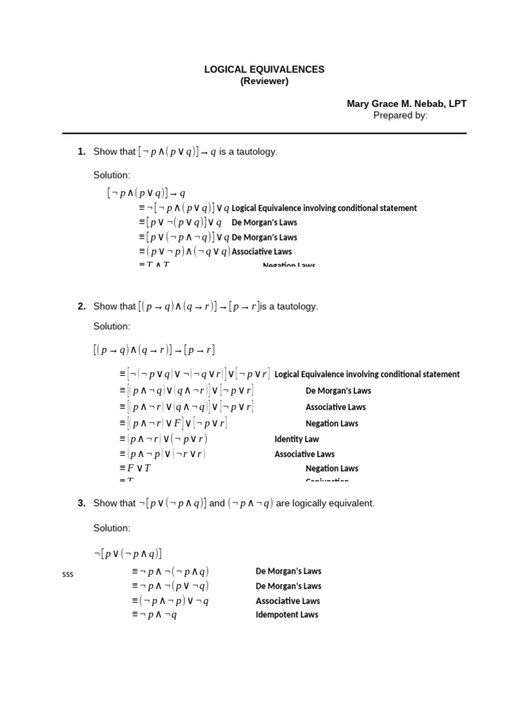 LOGICAL EQUIVALENCES Examples | PDF | Semantics | Formalism (Deductive)
