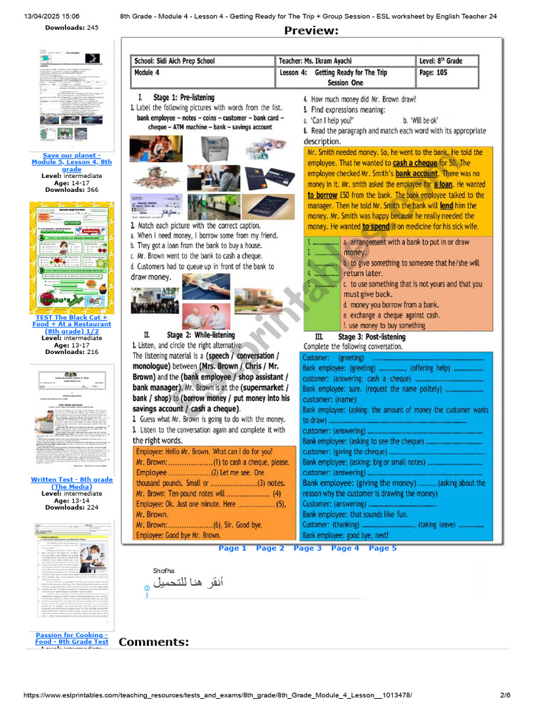 8th Grade - Module 4 - Lesson 4 - Getting Ready For The Trip + Group Session - ESL Worksheet by ...