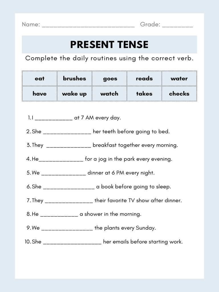 Blue White Minimalist Useful Writing About Daily Routines Grammar ...