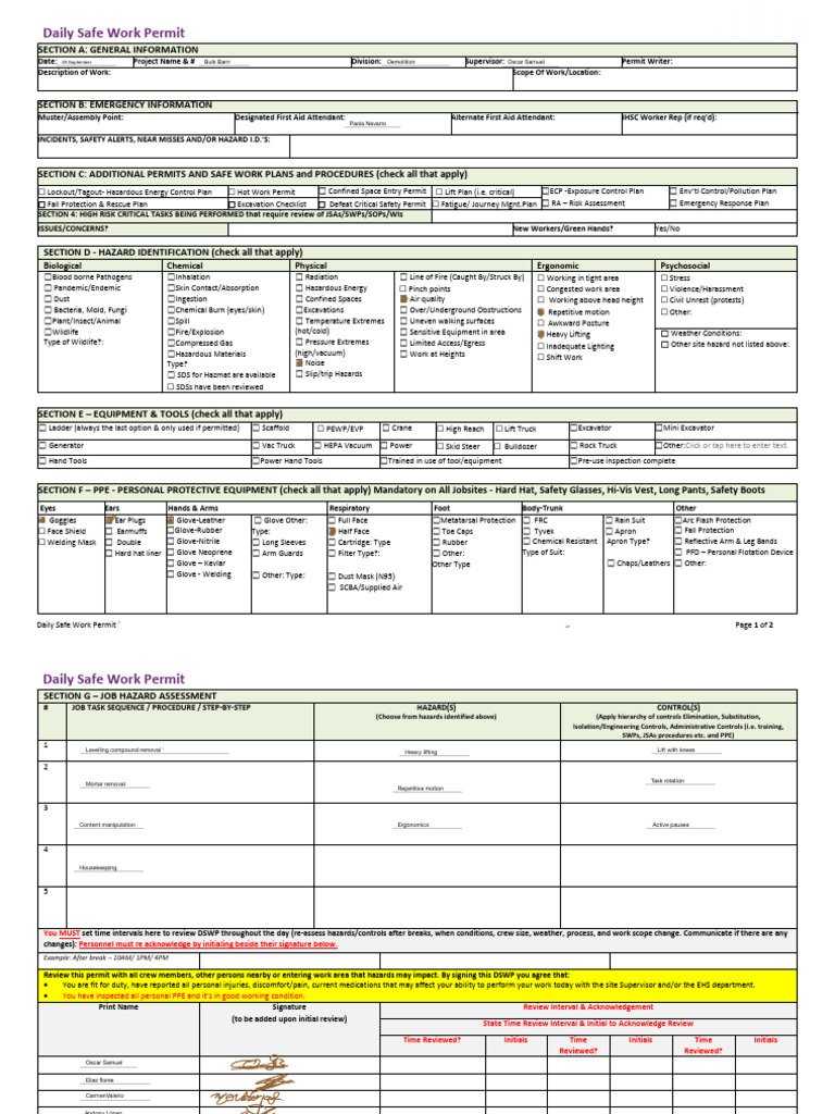 Daily Safe Work Permit I Sample 3 | PDF | Personal Protective Equipment ...