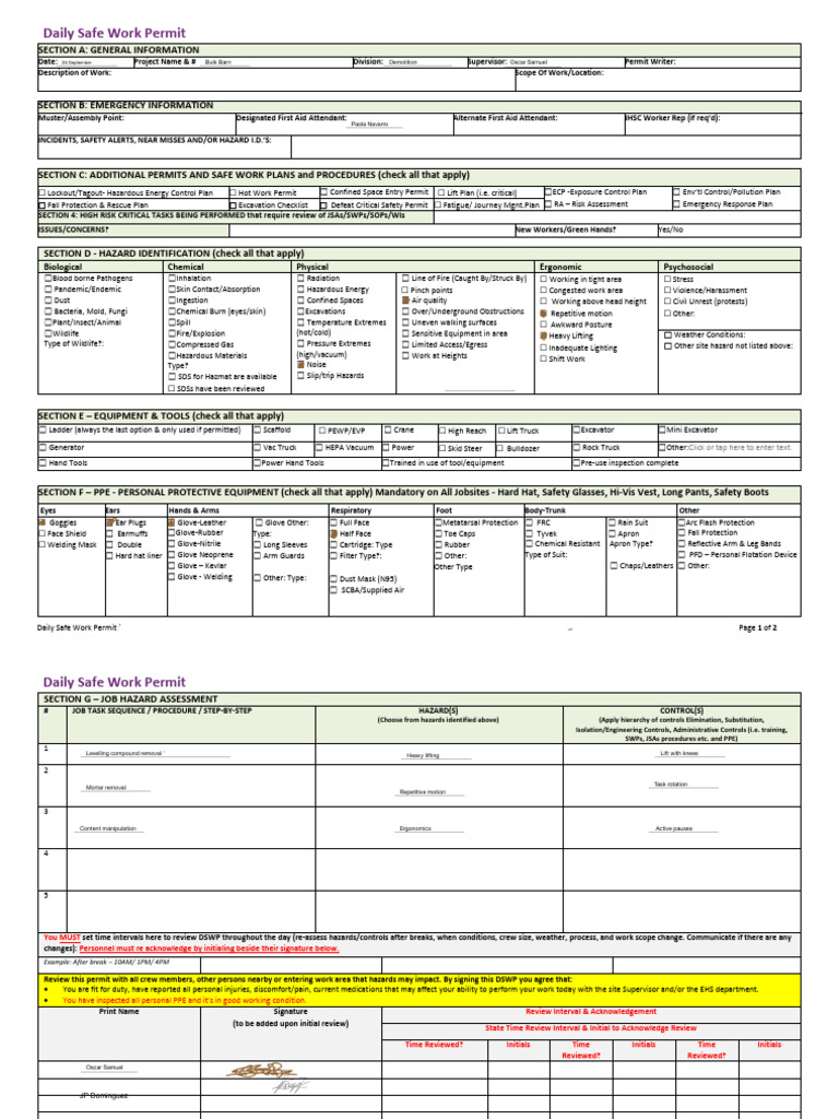 Daily Safe Work Permit Overview | PDF | Personal Protective Equipment ...
