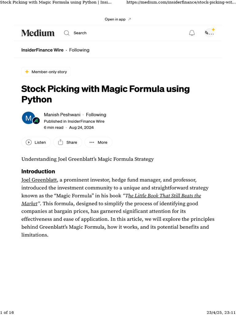 Stock Picking With Magic Formula Using Python - InsiderFinance Wire | PDF | Price–Earnings Ratio ...
