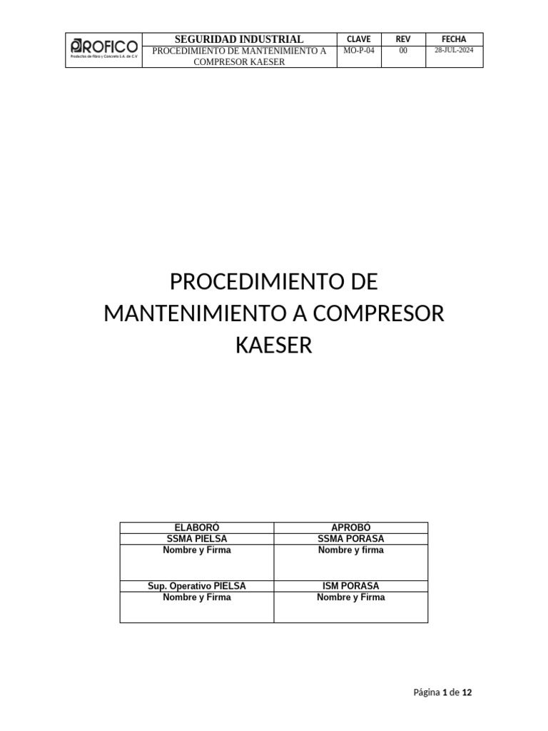Procedimiento de Mantenimiento A Compresor Kaeser | PDF | Conector eléctrico | Rodamiento (Mecánico)