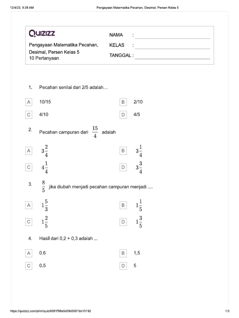 Soal Pecahan Desimal KLS 5 | PDF