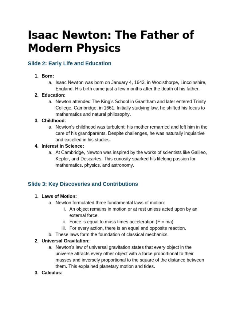 Isaac Newton The Father of Modern Physics | PDF | Isaac Newton | Physics