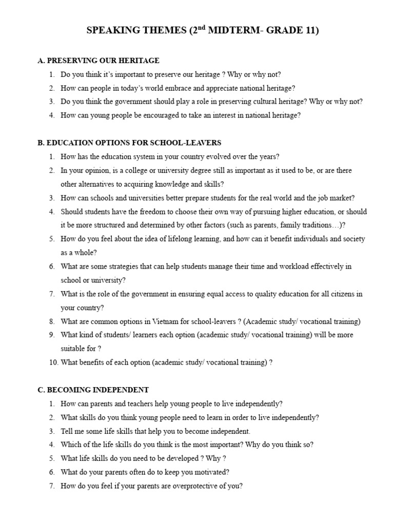 g11 Speaking Themes 2nd Midterm | PDF