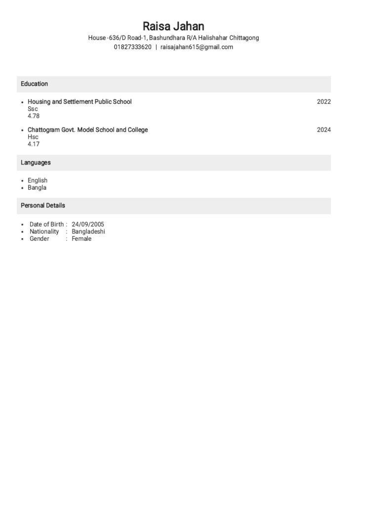 Raisa Jahan: 2022 Housing and Settlement Public School SSC 4.78 ...