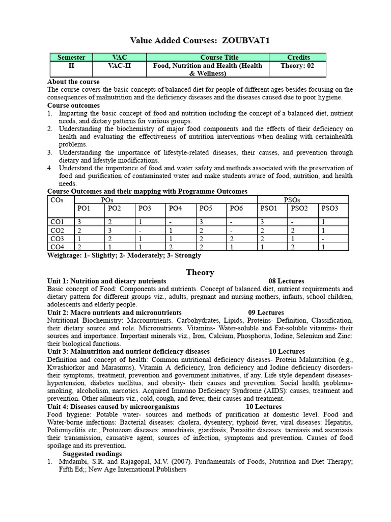 Food Nutrition and Health Syllabus Value Added Courses - ZOUBVAT1 | PDF ...