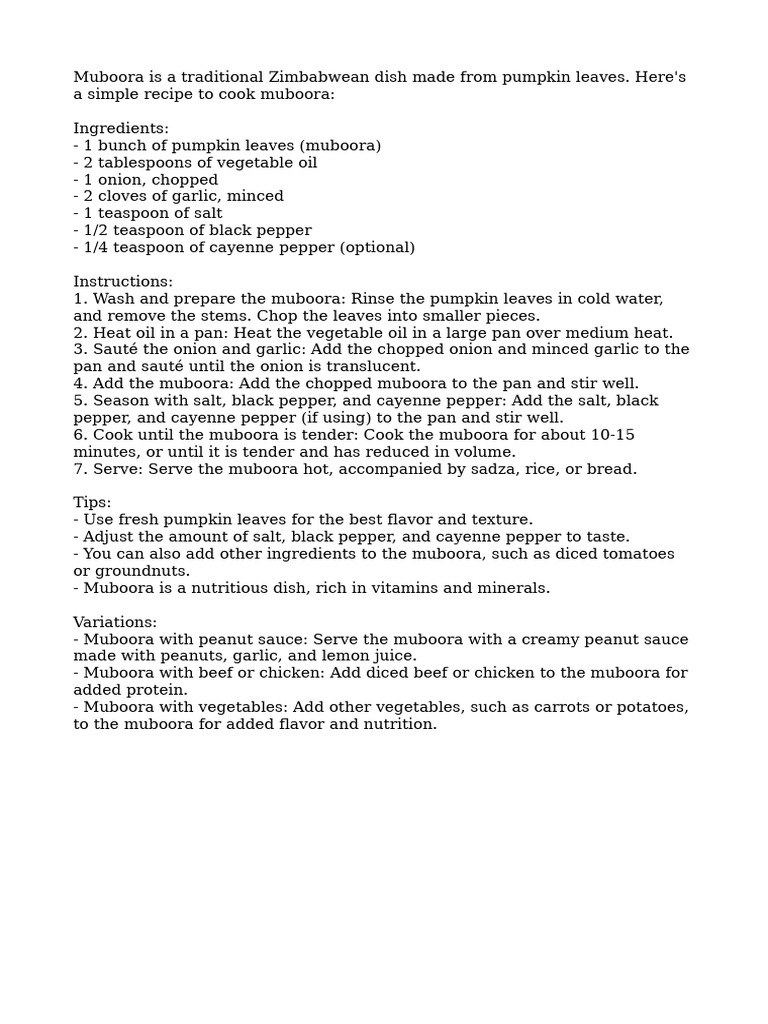 Traditional Zimbabwean Muboora Recipe | PDF