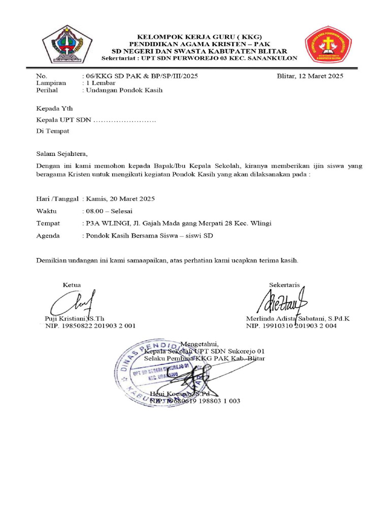 UNDANGAN SD PONDOK KASIH, 20 Maret 2025 | PDF
